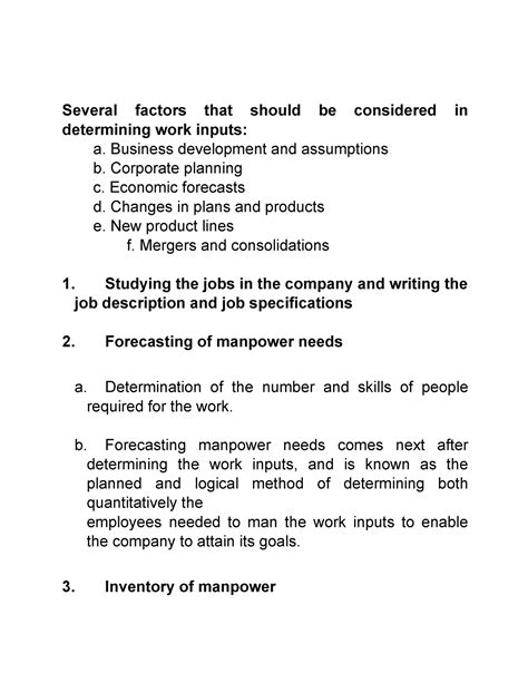 several factors that should be considered in determining work inputs