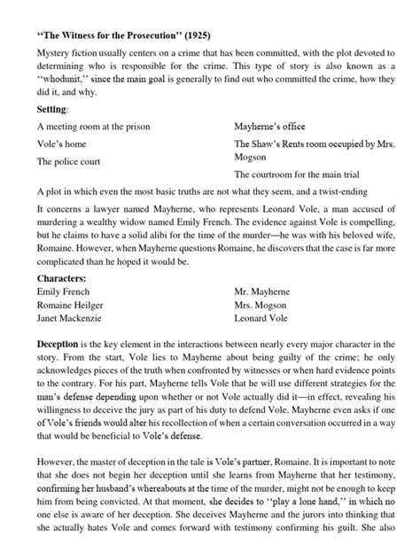 The Witness For The Prosecution Analysis Pdf Deception Witness