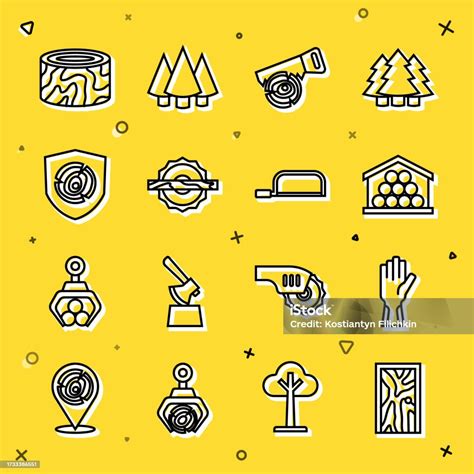 세트 라인 닫힌 문 보호 장갑 나무 통나무 손톱 및 전기 원형 나무 그루터기 및 쇠톱 아이콘 벡터 검은색에 대한 스톡 벡터 아트 및 기타 이미지 Istock