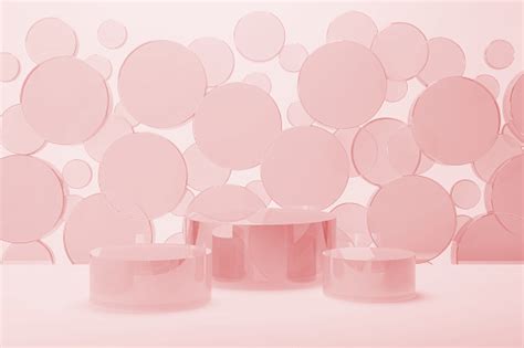 분홍색 추상 무대 모형 3 개의 플라스틱 부드러운 원형 연단 플라잉 서클 장식 템플릿 3d 일러스트 장면 현대 패션 스타일 프리젠 테이션 화장품 상품 광고 3가지 개체에