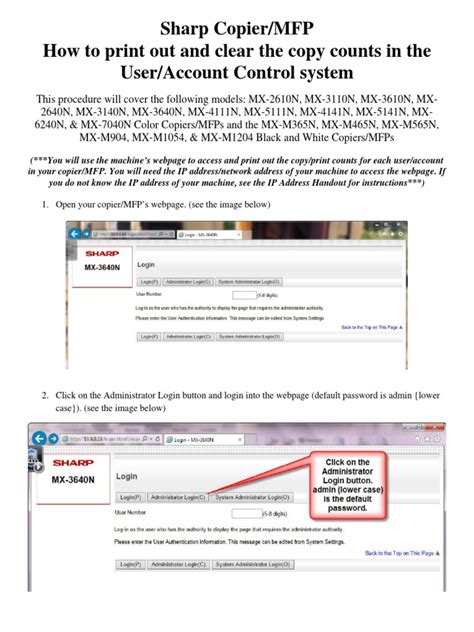 Sharp Mfp How To Print Out And Clear The Copy Counts In The User Account Control System Pdf