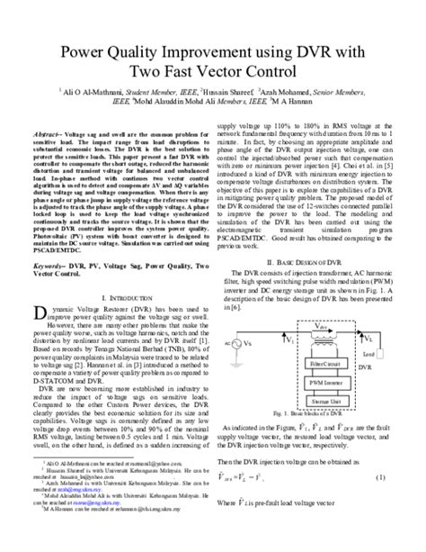 Pdf Power Quality Improvement Using Dvr With Two Fast Vector Control