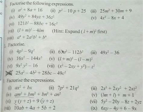 1 Factorise The Following Expressions I A2 8a 16 Ii P2−10p 25 Iii