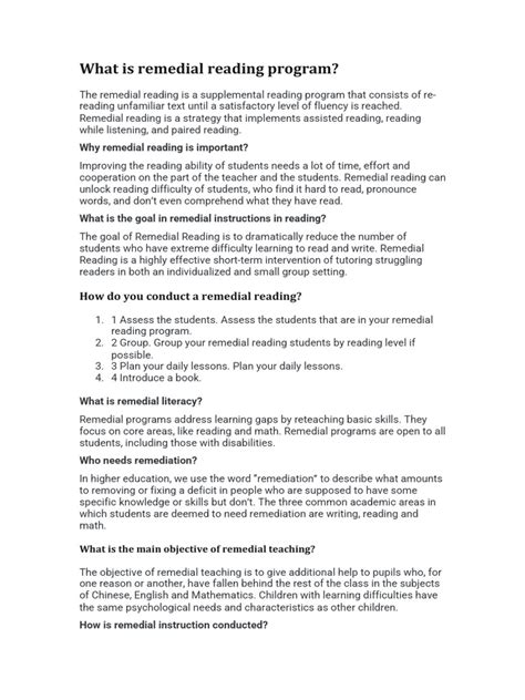 Remedial Reading Program Pdf Teaching Method Reading Comprehension