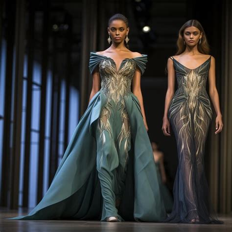Premium Photo Two Models Walk Down A Runway Wearing Dresses With The