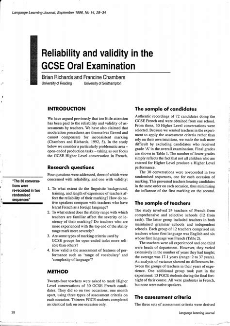 Pdf Reliability And Validity In The Gcse Oral Examination