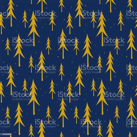 짙은 파란색 배경에 수엽 나무의 노란색과 원활한 패턴 손으로 그린 가문비 나무벡터 일러스트레이션 프린트 인사말 카드 종이 직물