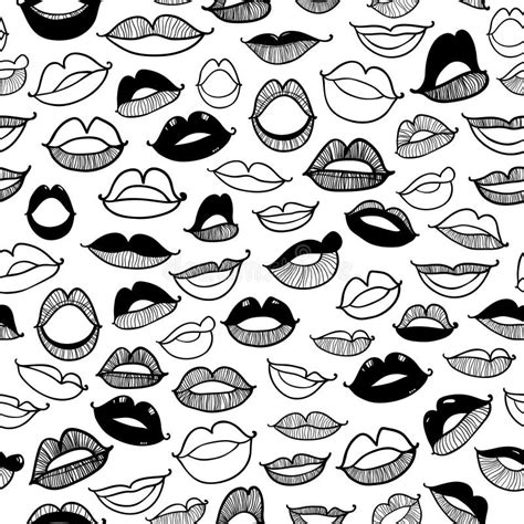 Vector Monochrome Seamless Pattern With Contour Sketch Lips On White