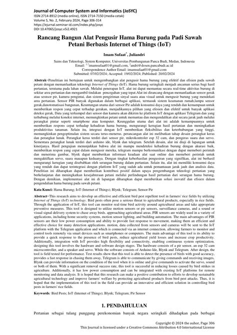 Pdf Iot Rancang Bangun Alat Pengusir Hama Burung Pada Padi Sawah