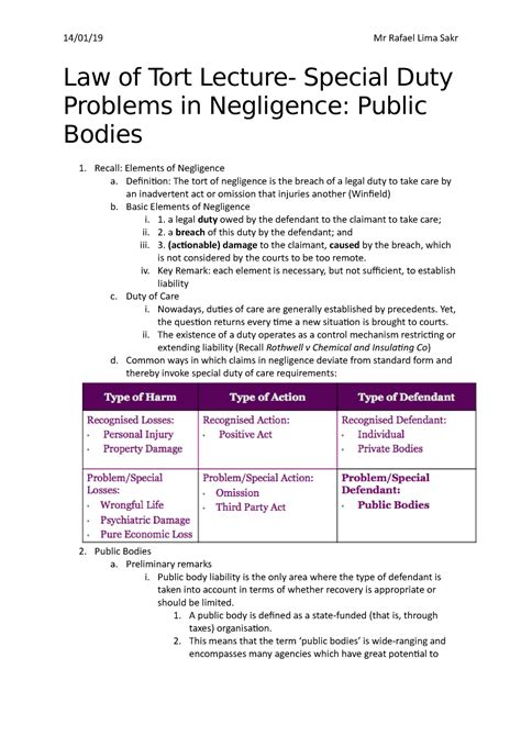 Law Of Tort Lecture 14th Jan Law Of Tort Lecture Special Duty Problems In Negligence Public