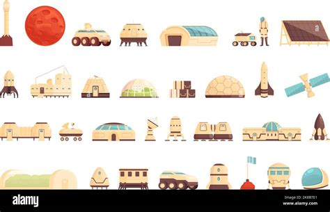 Mars Colonization Icons Set Cartoon Vector Astronaut Space Spaceman Project Stock Vector Image