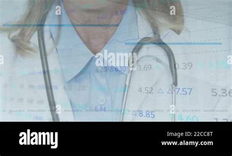 Animation Of Data Processing Over Caucasian Female Doctor Global