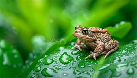 A Cute Toad Sitting On A Wet Leaf In The Forest Stock Illustration