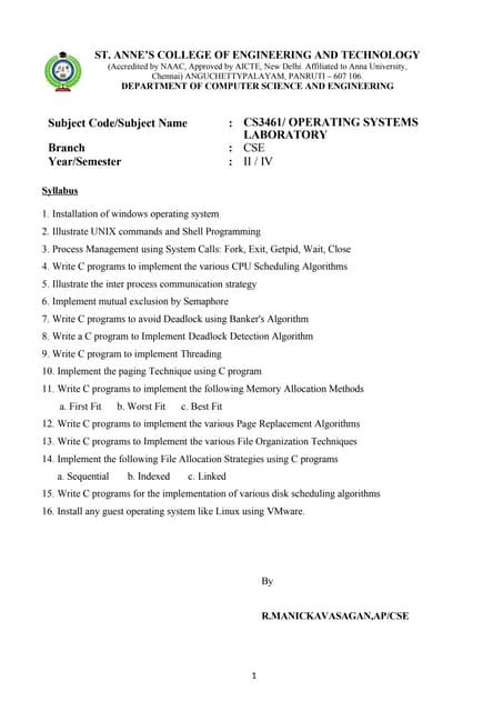 Cs3451 Introduction To Operating System 91035556 Os Lab Csedocx