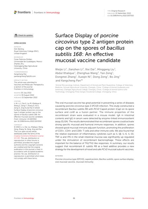 Pdf Surface Display Of Porcine Circovirus Type 2 Antigen Protein Cap On The Spores Of Bacillus