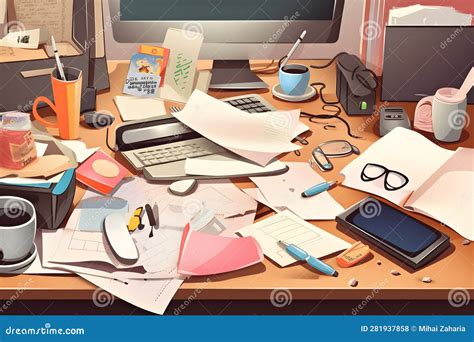 A Cluttered Desk With Papers Documents And Gadgets Illustrating A