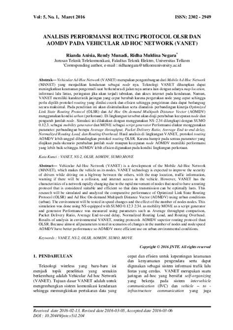 Pdf Analisis Performansi Routing Protocol Olsr Dan Aomdv Pada