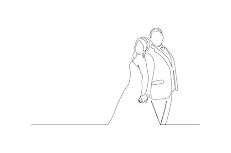 로맨틱 웨딩 커플 벡터 일러스트 레이 션의 연속 선 그리기 Potrait Premium 벡터 프리미엄 벡터