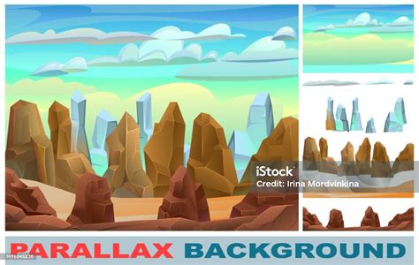 바위가 많은 사막 풍경 재미있는 만화 스타일 아름 다운 여름 하늘입니다 그림 레이어 시차 효과 벡터 이미지는 배경을 격리했습니다