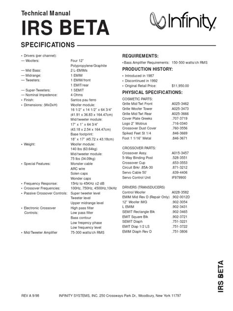 Infinity Irs Beta Technical Sheet Pdf Electrical Connector Electronics