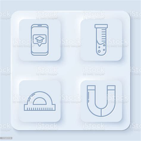 화면 스마트 폰 테스트 튜브 및 플라스크 화학 실험실 각도 및 자석을 측정하기위한 Pro트랙터 그리드에 라인 졸업 캡을 설정합니다 흰색 정사각형 버튼 벡터 0명에 대한 스톡