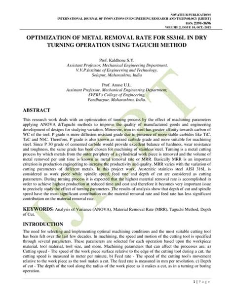 Optimization Of Metal Removal Rate For Ss316l In Dry Turning Operation Using Taguchi Method