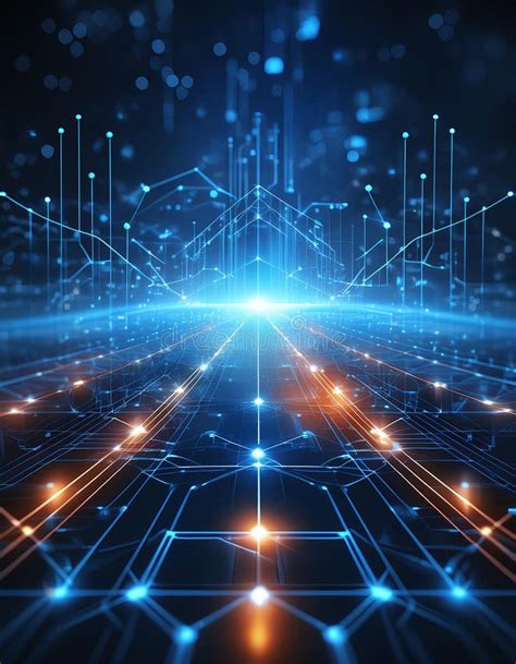 Digital Landscape Of Glowing Circuits Interconnected Pathways Stock