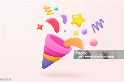 비행 색종이를 가진 3d 파티 팝퍼 폭죽은 콘 포퍼로 놀라움 우승자 생일 파티 및 기념일을 위해 리본 폭발로 폭발합니다 3d 색종이 뱅 아이콘 벡터 렌더링 그림 3차원