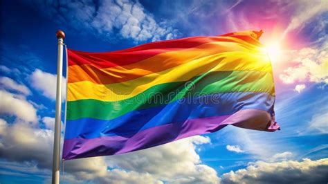 Rainbow Pride Flag Waving In The Wind Sunlit Clouds Lgbtq Pride