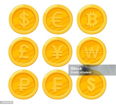 황금 동전의 컬렉션입니다 달러 유로 루블 Bitcoin 엔 9 동전 아이콘입니다 흰색 배경에 고립 된 평면 벡터 일러스트 레이