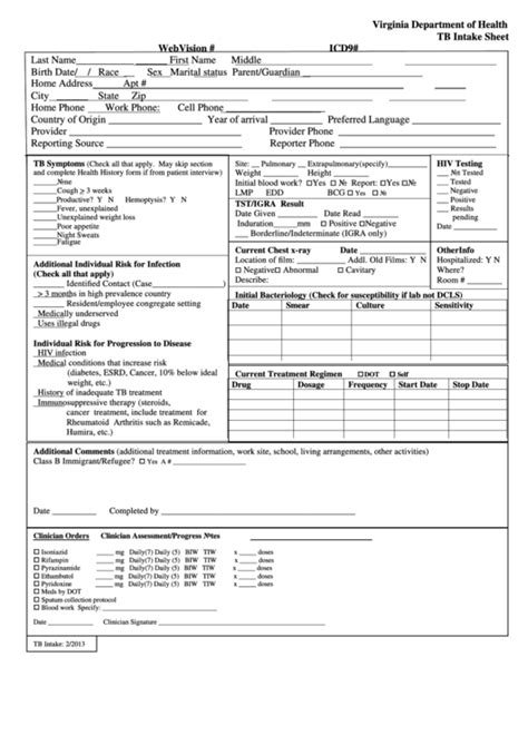 Virginia Department Of Health Tb Intake Sheet Printable Pdf Download