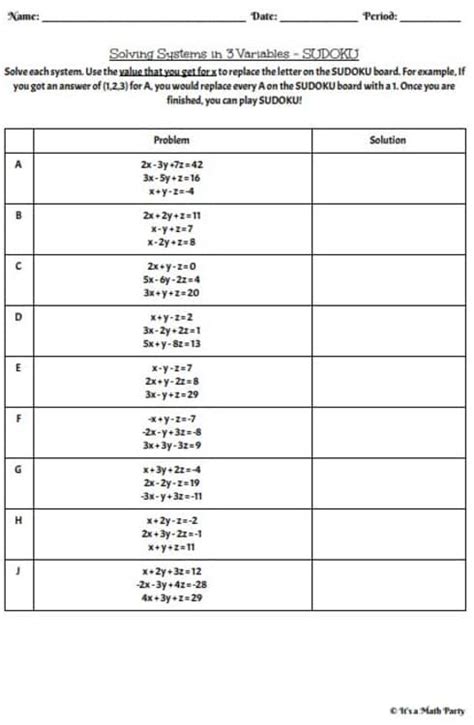 Systems In Three 3 Variables Sudoku By Its A Math Party Tpt