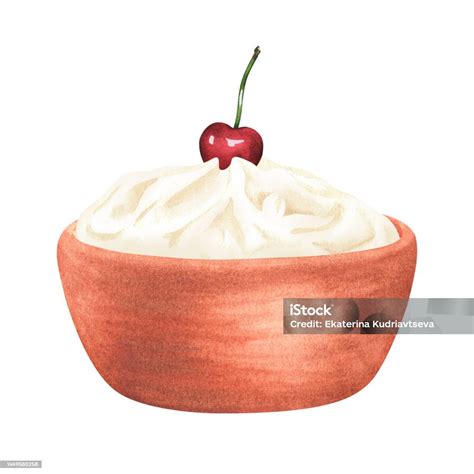 점토 접시에 체리와 요구르트 체리 아이스크림 생크림 수채화 그림입니다 흰색 배경에 격리되어 있습니다 디자인 주방기구 소박한 지문 조리법 등 거품 내기에 대한 스톡 벡터 아트
