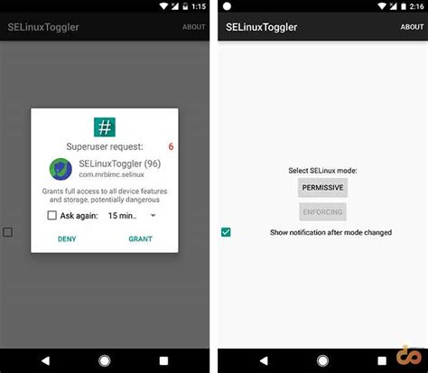set selinux to permissive with selinuxtoggler app