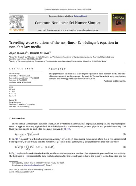 Pdf Travelling Wave Solutions Of The Non Linear Schrödingers Equation In Non Kerr Law Media