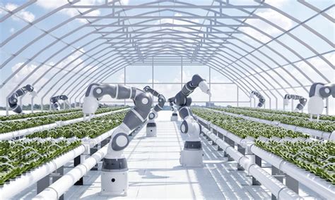 로봇 손으로 하늘을 배경으로 온실에서 야채를 재배하고 수확하는 스마트 팜 혁신적인 기술과 농업 개념 3d 일러스트레이션 렌더링 프리미엄 사진