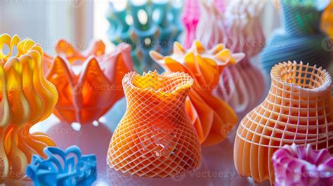 an array of 3d printed objects in vivid colors and intricate designs
