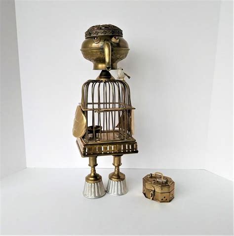 Found Object Robot Bird In Cage Steampunk Bird Sculpture Etsy Found Object Steampunk Bird