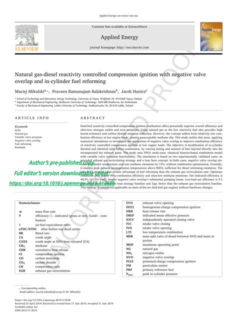 Pdf Natural Gas Diesel Reactivity Controlled Compression Ignition With Negative Valve Overlap