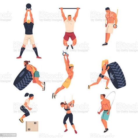 경쟁적인 피트니스 스포츠 벡터 세트에 종사하는 신체 운동을 하는 남자와 여자와 크로스핏 운동 교차 훈련법에 대한 스톡 벡터 아트 및 기타 이미지 Istock