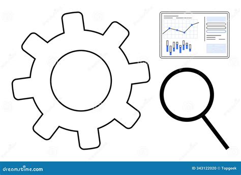 Gear Magnifying Glass And Data Analysis On Screen Representing Technical Optimization Stock