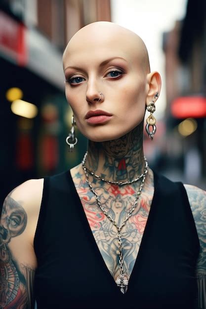 Premium Ai Image Bald Woman With Tattoos And Piercings Poses In The