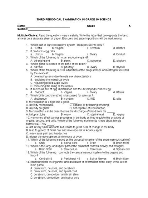 3rd Grading Exam Science 10 Pdf Menstrual Cycle Ovary