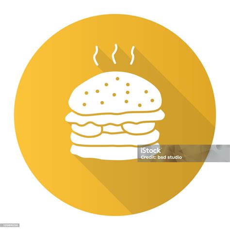맛있는 햄버거 옐로우 플랫 디자인 긴 그림자 문표 아이콘 전통적인 햄버거 정크 푸드 벡터 실루엣 일러스트 유해한 영양 테이크 아웃 서비스 기호 만두와 야채 패티 0명에 대한