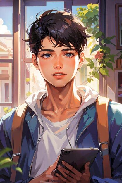 Premium Photo A Drawing Of A Boy With A Camera Strap Over His Shoulder