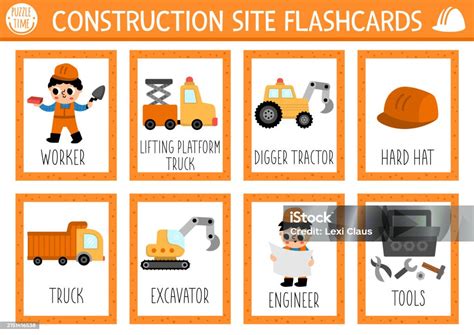 벡터 건설 현장 플래시 카드 세트 트럭 노동자 도구 안전모 아이들을 위한 산업 교통 수단이 있는 영어 게임 차량 플래시 카드 간단한 교육용 인쇄 가능한 워크시트 개체 그룹에