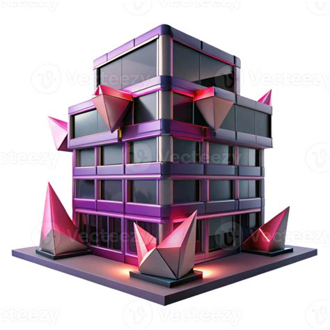 Dramatic Classic Deconstructivist Office Building Fragmented Forms Sharp Angles Crimson Neon