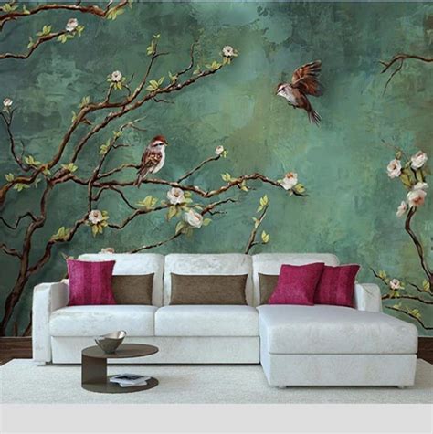 Papier Peint Panoramique Branche Darbre Vintage Fleur Oiseau Papier