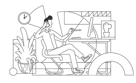 홈 오피스 씬 라인 벡터 일러스트레이션에서 근무하는 직원 바쁜 젊은 원격 작업자는 흰색 배경에 문자를 윤곽을 바탕 현대 경영진 작업 공간 간단한 스타일 드로잉 20 29세에