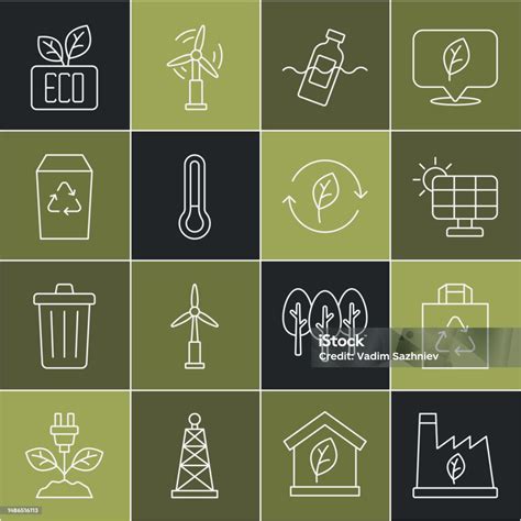 세트 라인 식물 재활용 쓰레기 재활용 쇼핑 태양 에너지 패널 오염 문제 온도계 휴지통 잎 에코 기호 및 잎 아이콘 벡터 가루로 빻은에 대한 스톡 벡터 아트 및 기타 이미지